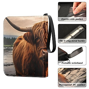 PYBUG Highland Cow Trading Card Binder with Nylon Strap 4-Pocket Waterproof PU Leather Card Collection Binder for 400 Cards Sturdy Card Holder Folders for Game Cards,Sports Cards