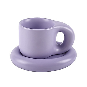 Koythin Ceramic Coffee Chubby Mug Saucer Set, Creative Cute Fat Handle Cup with Saucer for Office and Home, Dishwasher and Microwave Safe, 10 oz for Latte Tea Milk (Light Purple)