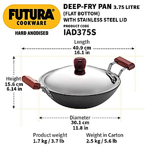 Futura Induction Compatible Hard Anodized Flat Bottom Deep Fry Pan / Kadhai with Stainless Steel Lid, 3.75 Liter