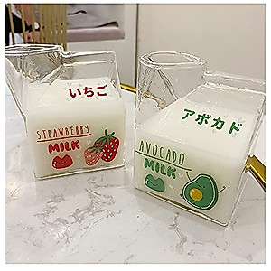 380ml Kawaii Milk Glass Cup Creative Square Clear Milk Carton Water Bottle Wholesale Cute Fruit Heat Resistant Breakfast Cups (Banana, 300-400ml)