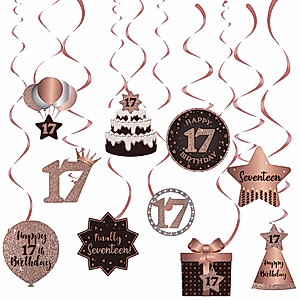 BRT Bearingshui Happy 17th Birthday Party Hanging Swirls Streams Ceiling Decorations, Celebration 17 Foil Hanging Swirls with Cutouts for 17 Years Old Rose Gold Birthday Party Decorations Supplies