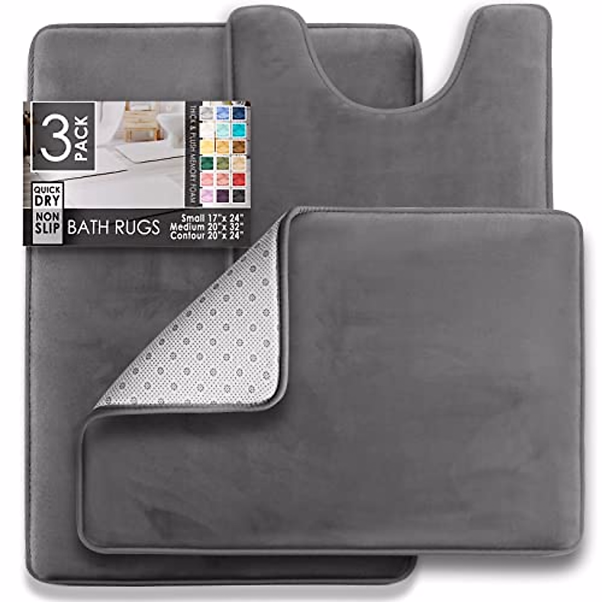 Clara Clark Bathroom Rugs Sets 3 Piece, Velvet Memory Foam Bath Mat - Non-Slip, Machine Washable Bath Rugs - Dries Quickly, Ultra Soft Bath Mats for Bathroom, Charcoal Bathroom Rug Set