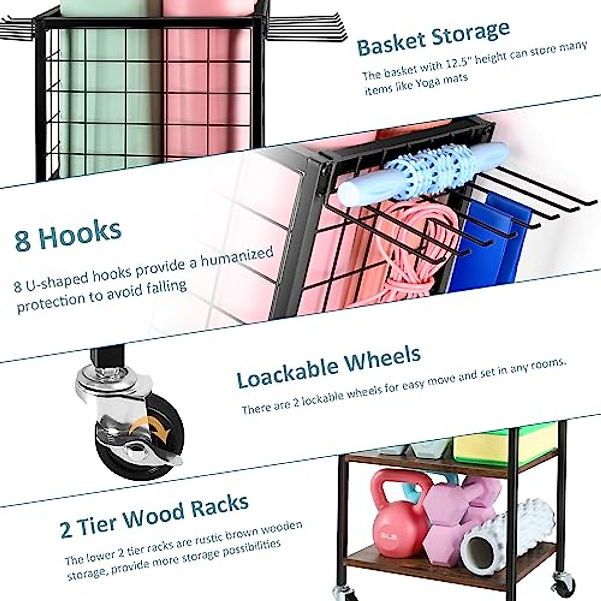 Weight Rack for Home Gym Dumbbells Yoga Mat Storage Rack Cart Small Metal Wood Home Gym Workout Equipment Storage with Hooks for Yoga Block Foam Rollers Resistance Bands