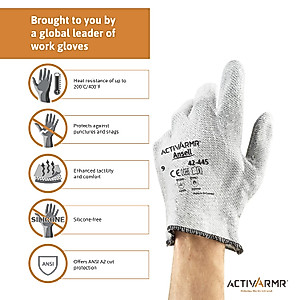 Ansell ActivArmr 42-445 Industrial Heat-Resistant Gloves w/Sweat Resistant Liner for Automotive, Mechanics - Large, Grey (72 Pairs)