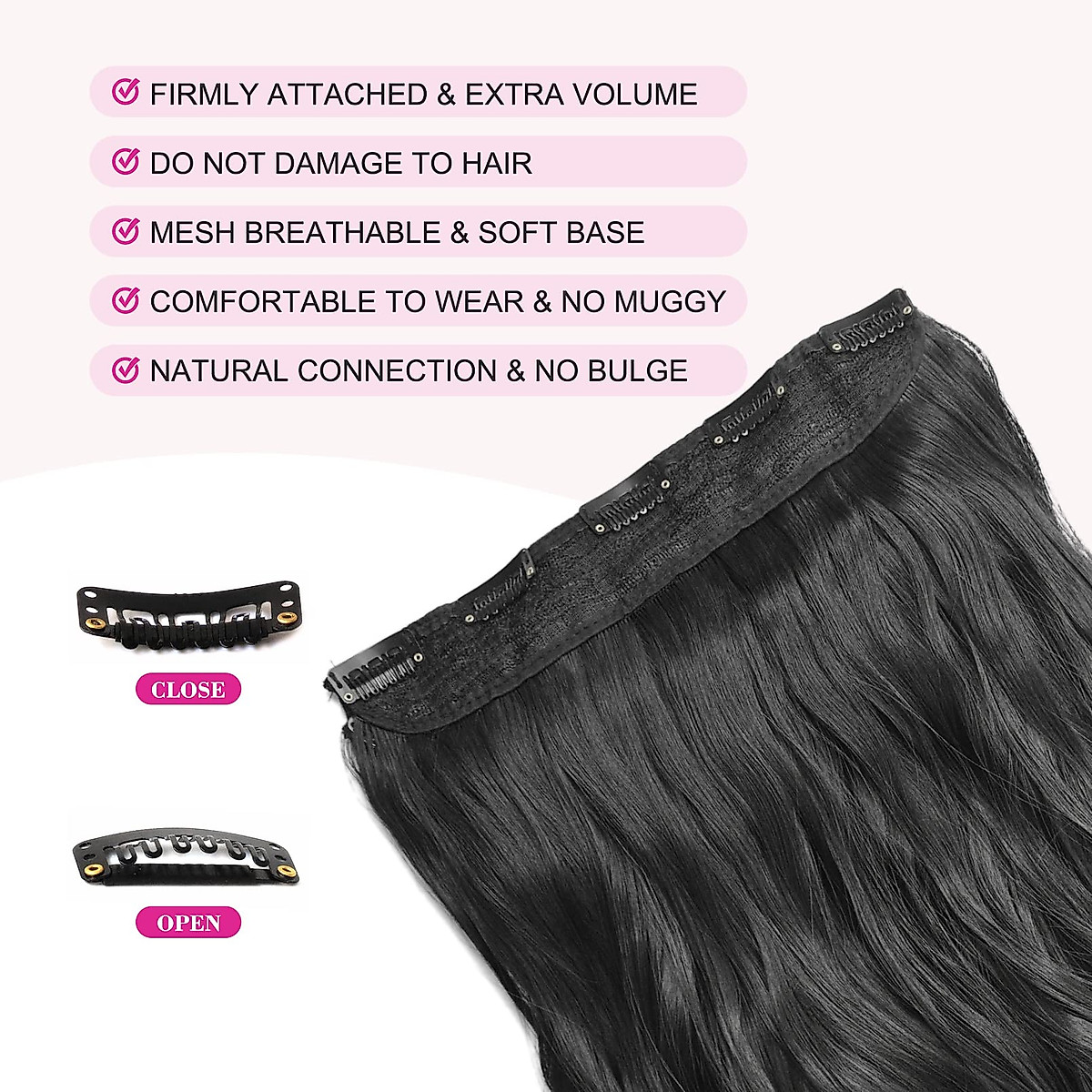REECHO 20" 1-Pack 3/4 Full Head Curly Wave Clips in on Synthetic Hair Extensions HE008 Hairpieces for Women 5 Clips 4.5 Oz per Piece - Natural Black