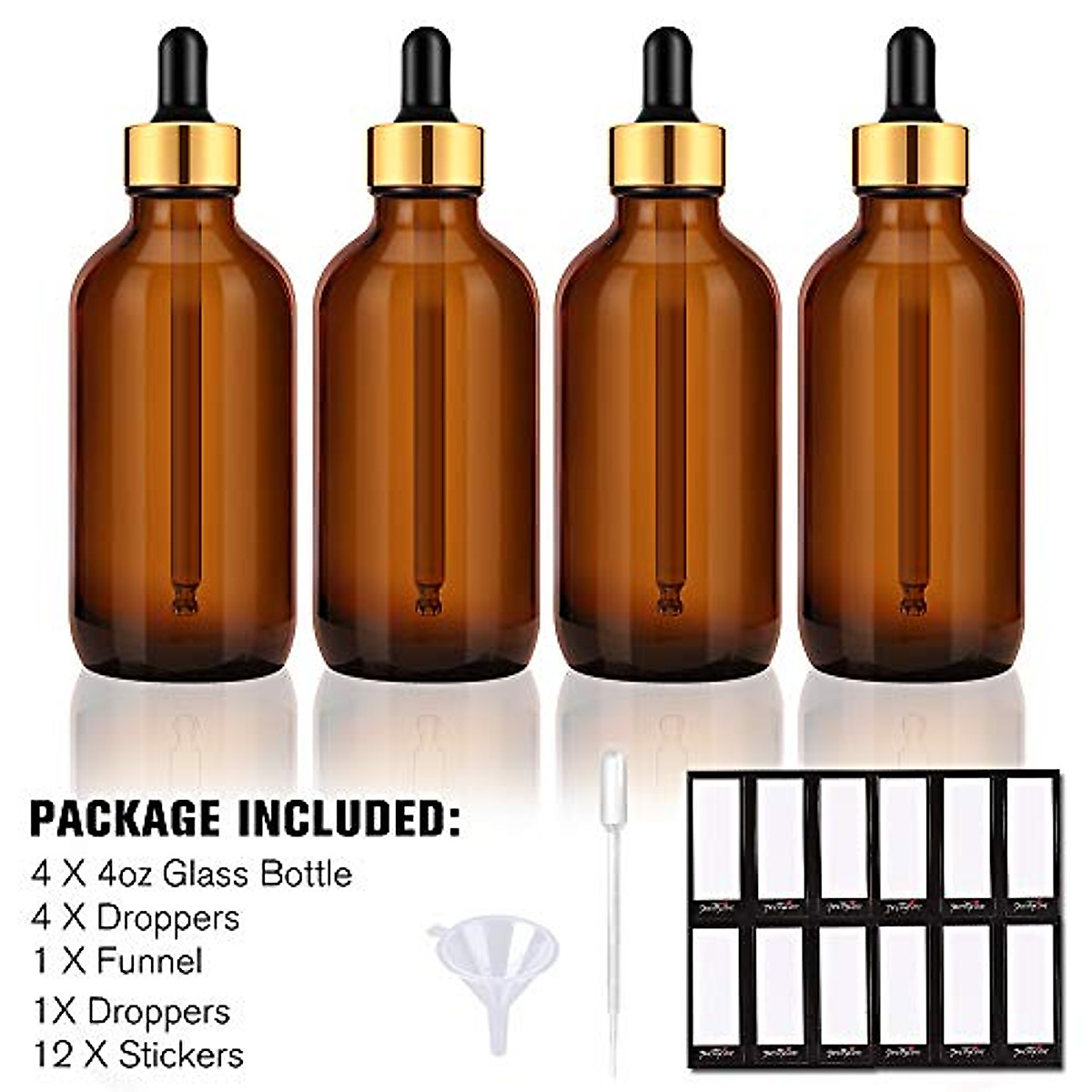 PrettyCare Eye Dropper Bottles 4 oz 4 Pack (Glass Bottles 120ml with Golden Caps, 12 Labels, Funnel & Measured Pipettes) Empty Tincture Bottles for Essential Oils (Amber)