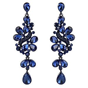 BriLove Wedding Bridal Dangle Earrings for Women Victorian Style Crystal Cluster Teardrop Leaves Dangle Earrings Navy Blue Sapphire Color Black-Silver-Tone