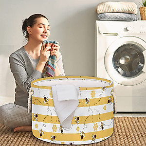 Bee Large Round Storage Bin Basket, Honeycomb Stripe Bee Decor Foldable Clothes Bag Folding Washing Bin Collapsible Fabric Laundry Hamper with Handle for Toys Stuffed Blanket Closet Bedroom Nursery