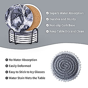 Coasters with Holder, Absorbent Coasters by DSNDVES, Set of 6 Ceramic Coasters, Marble Style Drink Coasters with Cork Base, Bar Coasters, Round Stone Coasters Black Ink Painting