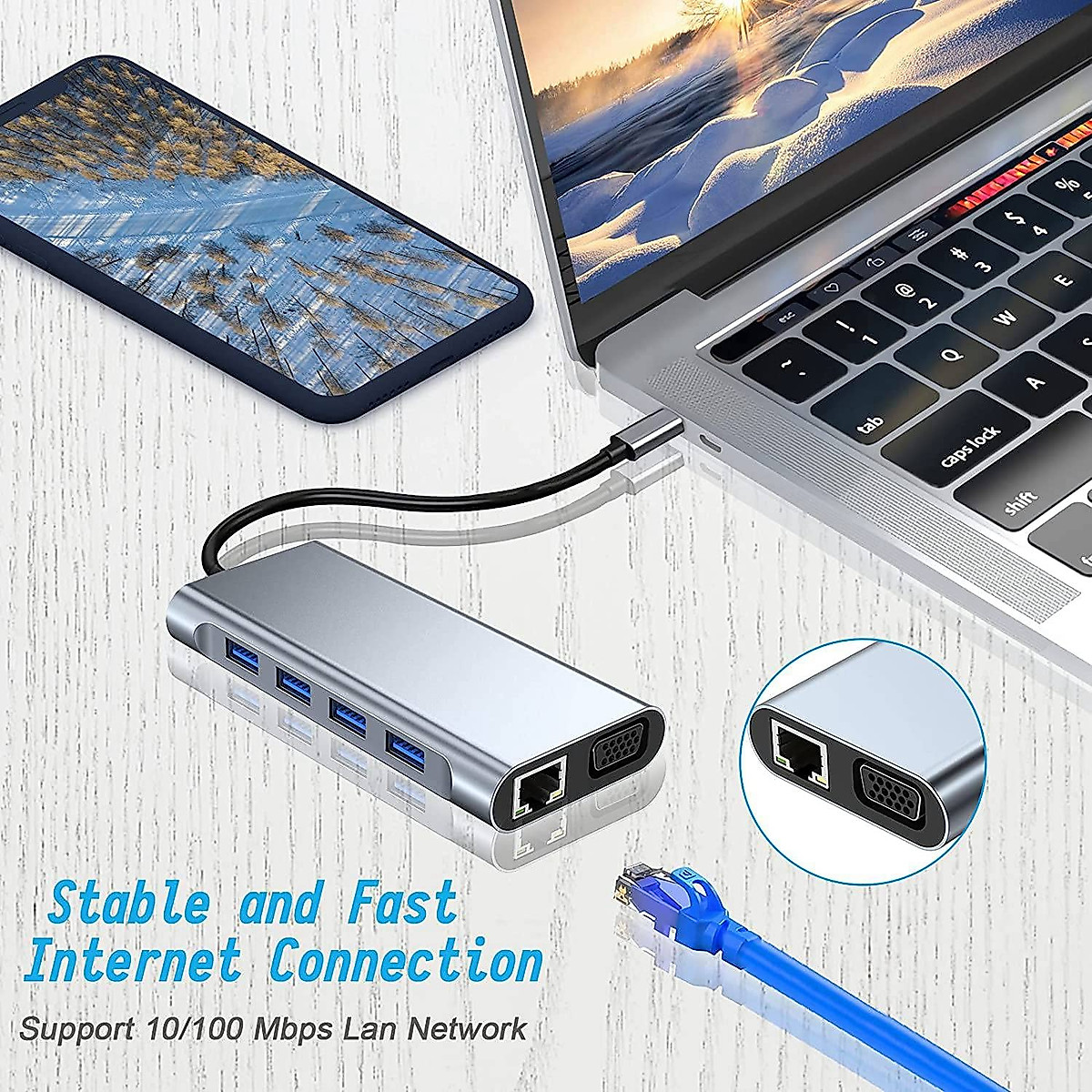 Midautoo 1 Piece USB C Hub SD/TF Card Reader with 4K -Compatible, VGA, USB 3.0 Port,Type C PD, RJ45 Ethernet