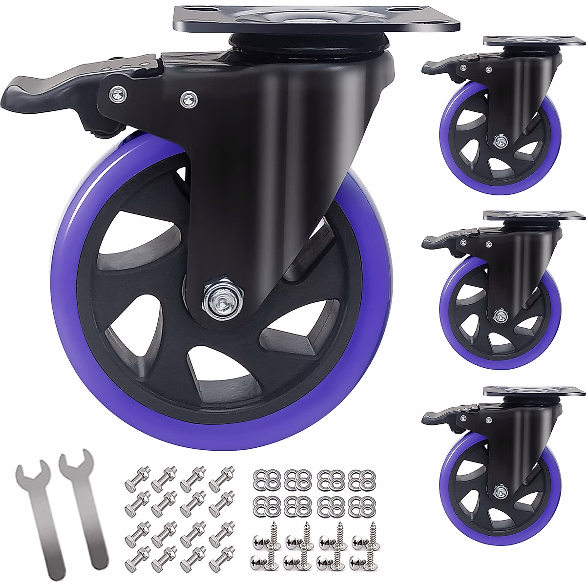 5 Inch Caster Wheels with Brake, Heavy Duty Casters Set of 4 2200lbs, Swivel Casters with Double Ball Bearings, Dual Locking Casters,Wheels for Cart,Furniture,Cabinets,Workbench (Two Hardware Kits