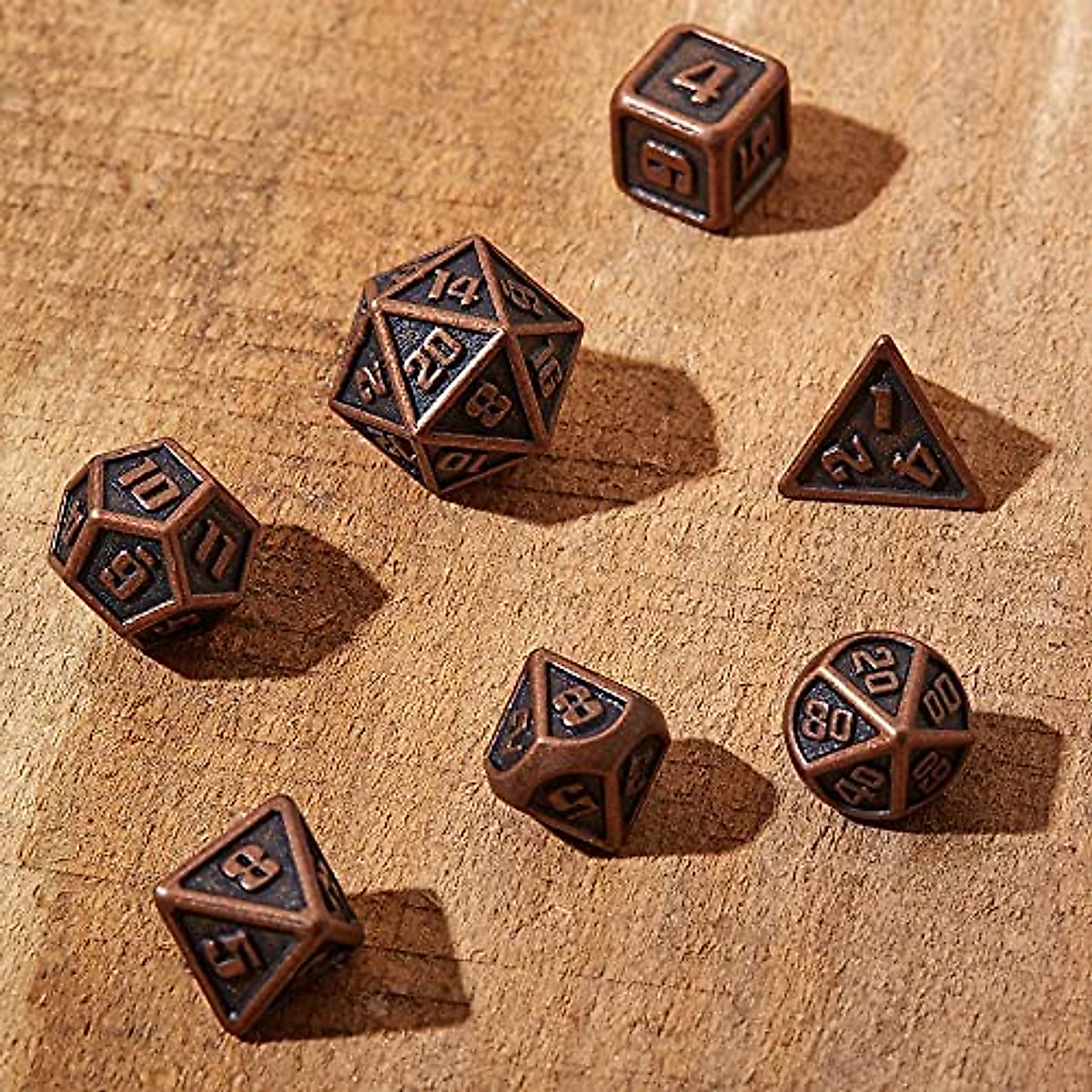 Wiz Dice - Metal Dice Set - DND Dice Set for Tabletop RPG Adventure Games - Polyhedral Dice Set, Suitable for Dungeons and Dragons and Dice Games Alike - Ancient Copper - 10 mm - 7 ct