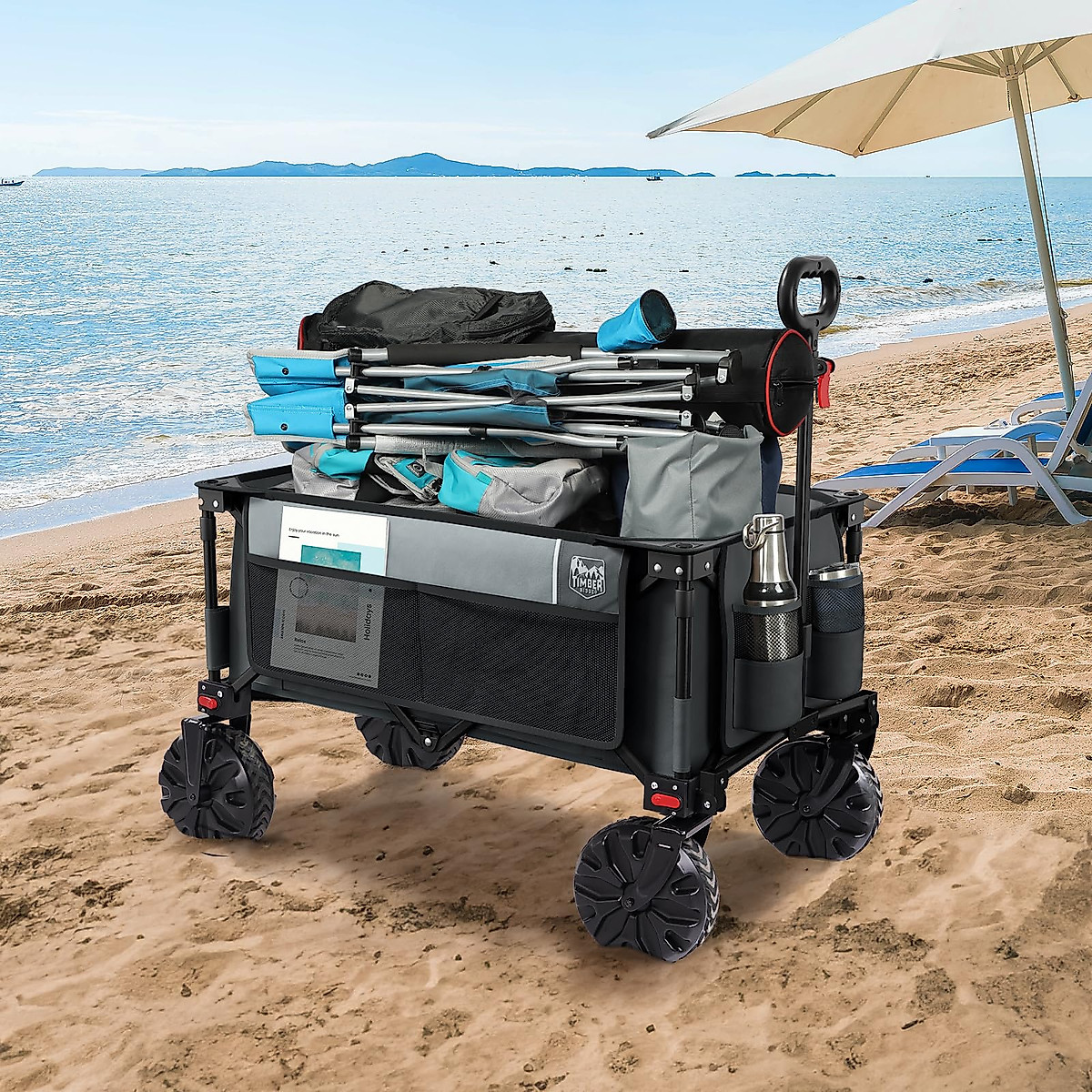 TIMBER RIDGE Outdoor Collapsible Wagon Utility Folding Cart Heavy Duty All Terrain Wheels for Shopping Camping Garden with Side Bag and Cup Holders, Grey