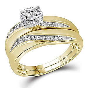 Sizes - L = 5.5, M = 11.5 - 10K Yellow Two Tone Gold Round Diamond Halo Circle Trio Three Ring Set - Matching His and Hers Engagement Ring & Wedding Bands - Prong Set Solitaire Center Setting Shape (1/5 cttw.) - Please use drop down menu to select your de