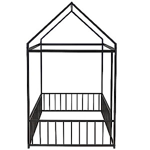 HAUSHECK Toddlers Montessori Floor Bed Twin Size with Rails for Kids, Twin Size House Bed with Roof Design for Girls & Boys, Montessori Beds Metal Bed Frame No Box Spring Needed, No Limit Weight
