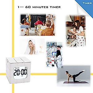 Digital Time Cube with Calendar, 2 Alarm Settings, Night Light, 1-60 Minutes Timer. 10 Level Brightness. (White/White Button/White SCRENN) Magic Cube Design