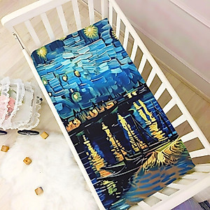 Kigai Van Gogh Starry Night over The Rhone2 Stretchy Fitted Crib Sheets Soft and Breathable Portable Crib Mattress Topper for Boys and Girls 27x39 in