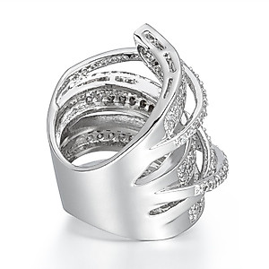 Delicin Jewelry Rhodium Plated Cubic Zirconia Wide Band Cocktail Ring