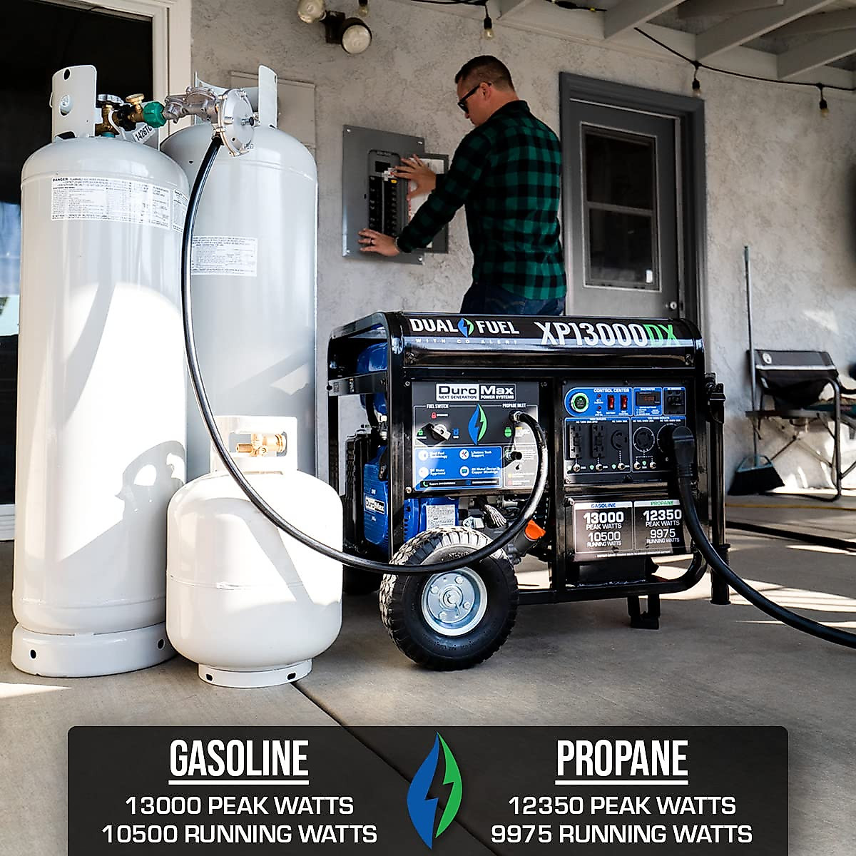 DuroMax XP13000DX 13,000-Watt/10,500-Watt 500cc Portable Dual Fuel Portable Generator w/CO Alert, Black/Blue