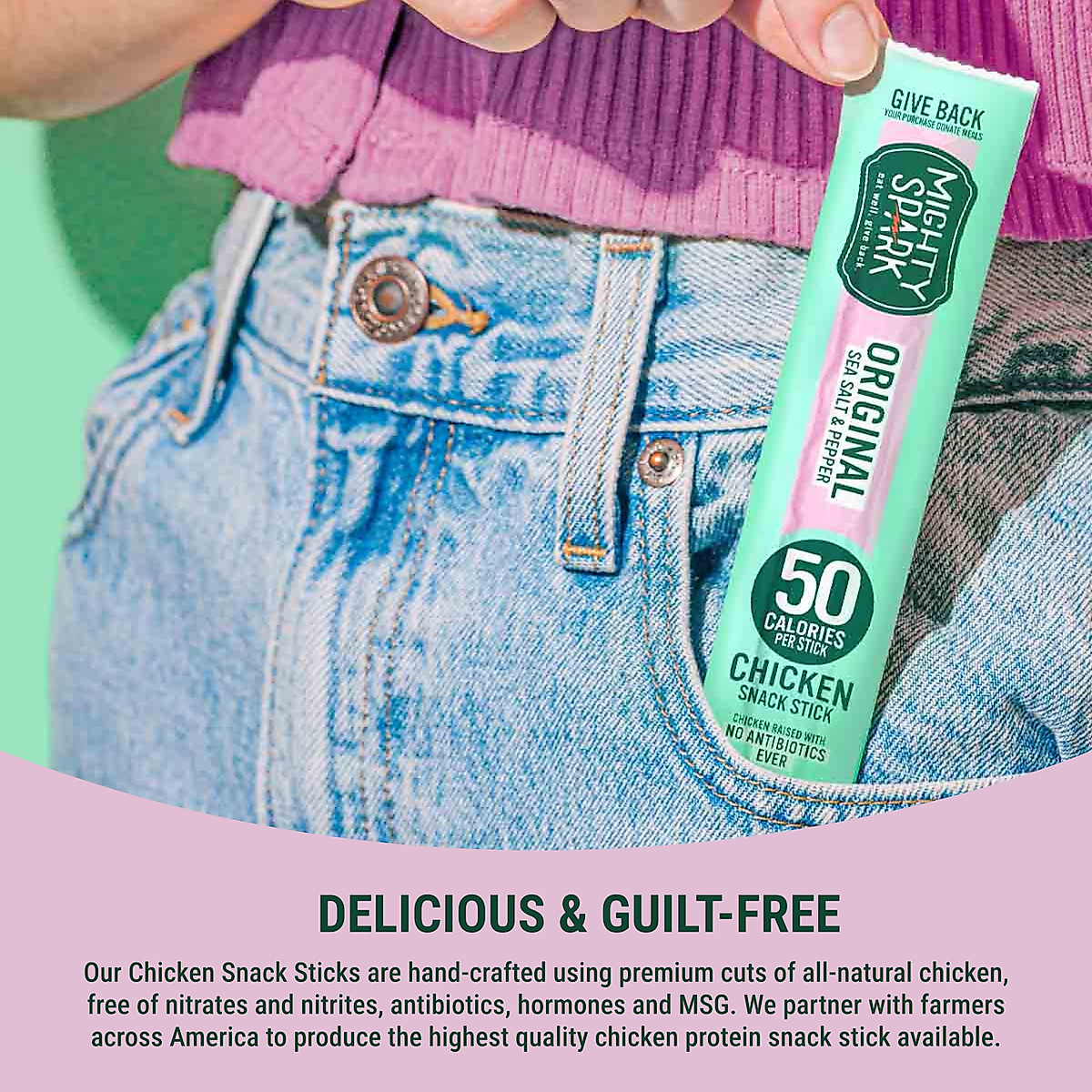 Mighty Spark Chicken Snack Sticks - Original Sea Salt & Pepper- 6g of Protein, No Antibiotics Ever, No Hormones Added, Gluten Free, Soy Free Meat Sticks - High Protein Keto Snacks, Weight Watchers Approved Snacks - 12 Count