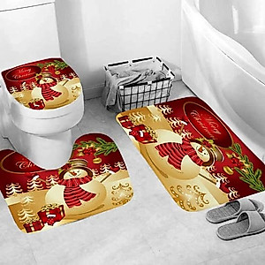 CRTEPST 4Pcs Christmas Shower Curtain Set,Christmas Shower Curtain,Non-Slip Bathroom Rugs,Toilet Cover ,Bath Mat,Christmas Bathroom Snowman Decorations Santa Claus Xmas Decor (Golden Snowman)