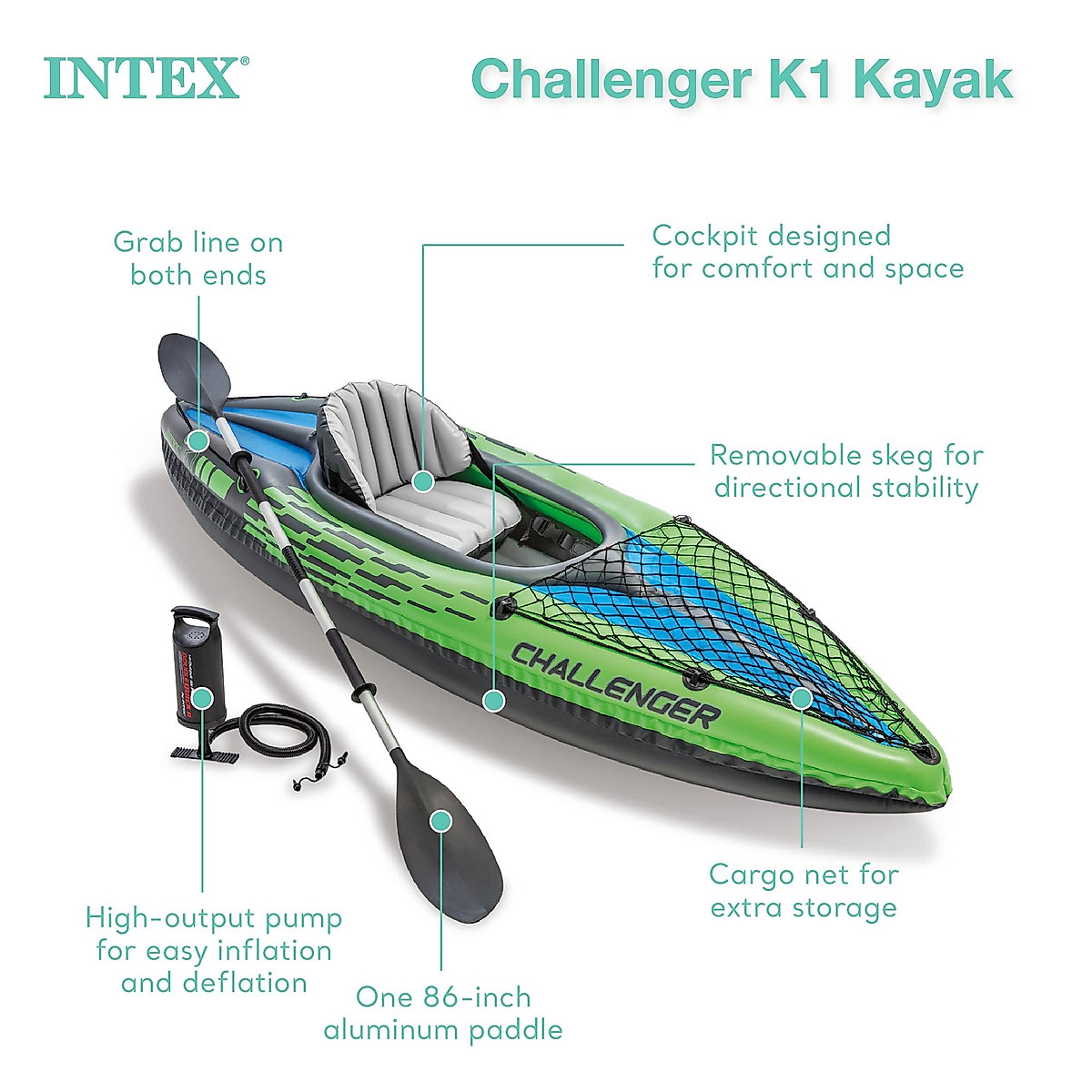 INTEX 68305EP Challenger K1 Inflatable Kayak Set: Includes Deluxe 86in Kayak Paddles and High-Output Pump – Adjustable Seat with Backrest – Removable Skeg – 1-Person – 220lb Weight Capacity