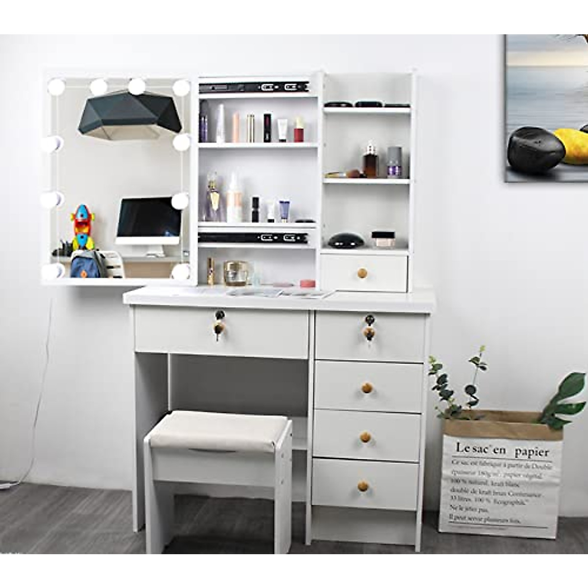 Saicheng White Makeup Vanity Set with Sliding Lighted Mirror ,Dressing Table with 5 Storage Drawers Shelves , Dresser Desk & Cushioned Stool Set for Bedroom