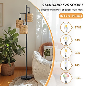 Maxax Rattan Floor Lamp, 3 Lights Farmhouse Tree Standing Lamp with Wood Rattan Shades, Multi Head Vintage Tall Pole Lamp for Bedroom Living Room, Office - 65 Inches