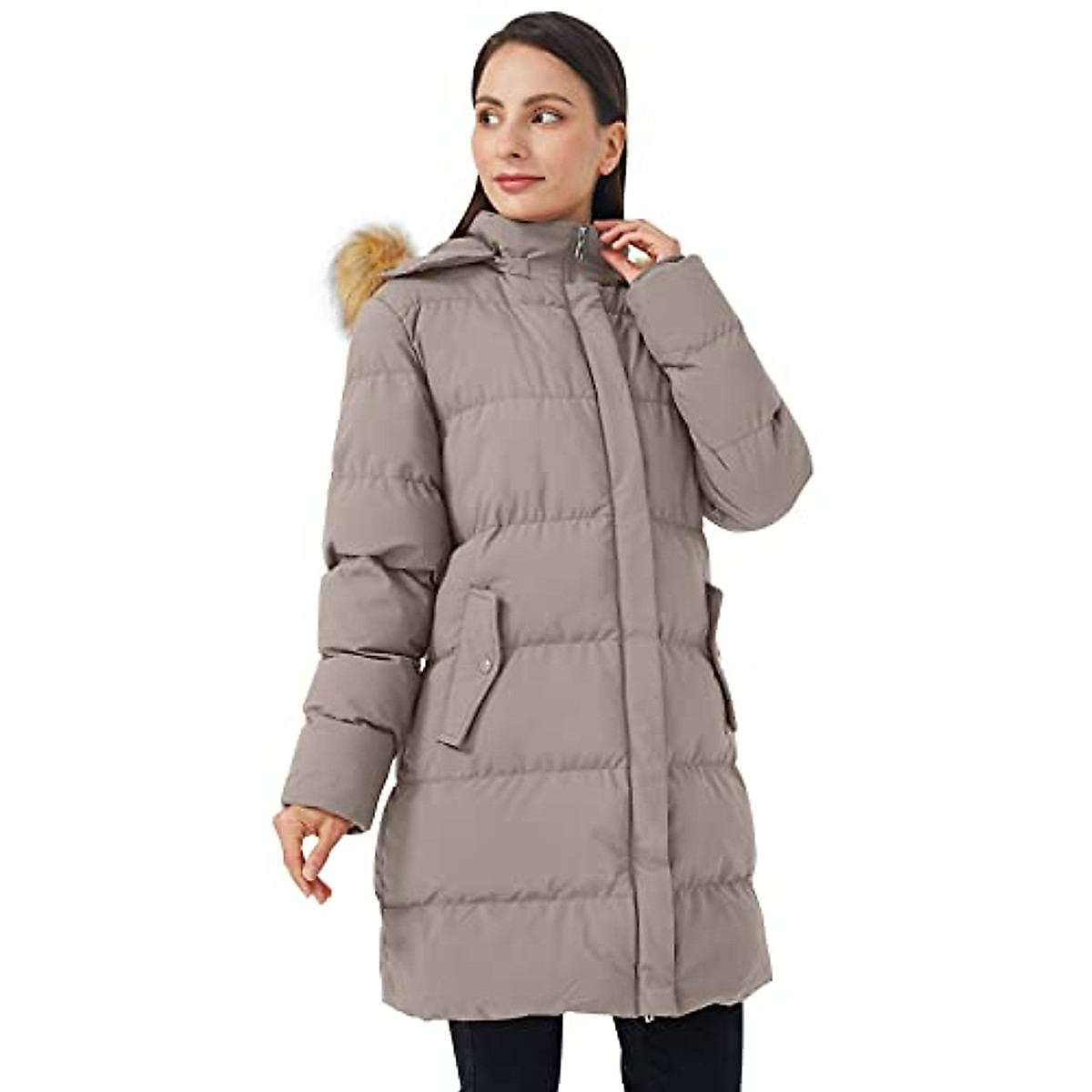 WenVen Women's Winter Thicken Jacket with Removable Faux Fur Trim Hood (Khaki,M)