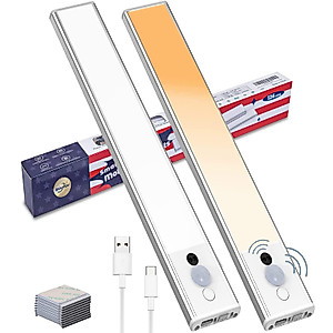 EAUTOR Under Cabinet Lights, Motion Sensor Light - 126 LED USB-C Rechargeable Wireless Closet Lights Battery Operated Magnetic Adhesive Stick On Light Strip for Kitchen (2 Pack)