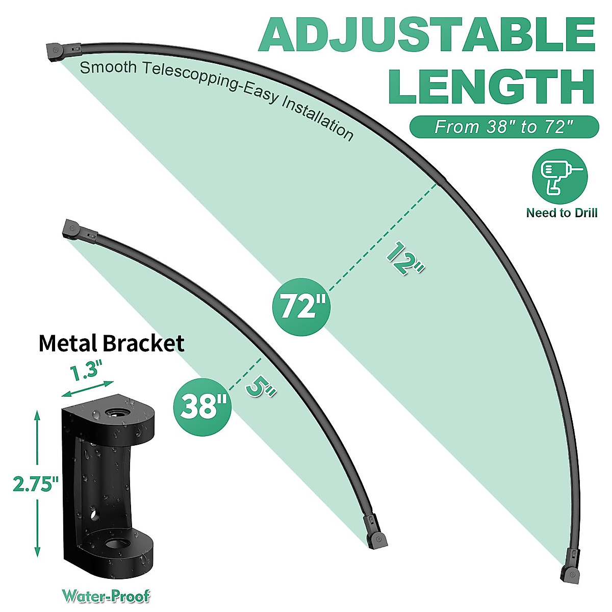 PrettyHome Adjustable Arched Curved Shower Curtain Rod Rustproof Expandable Aluminum Metal Shower Rod 38-72 Inches Telescoping Design Exquisite Customizable for Bathroom,Need To Drill,Black