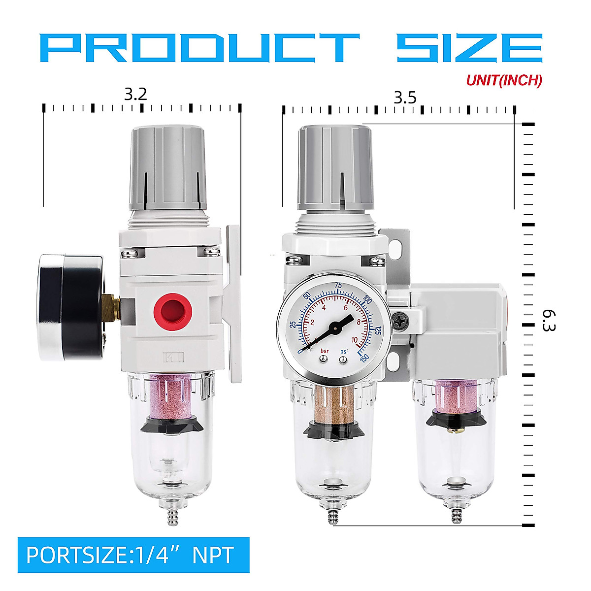 NANPU 1/4" NPT Air Dryer System - 5 Micron Particulate Filter, 0.5 Micron Coalescing Filter & Air Pressure Regulator, Water Trap Separator - Semi-Auto Drain,0-150 psi Gauge, Poly Bowl, Metal Bracket