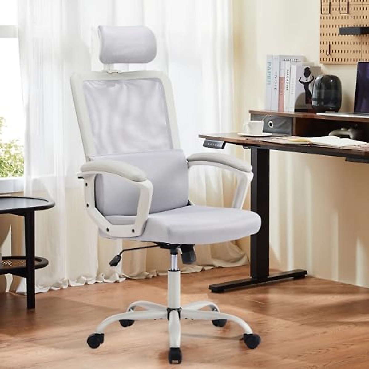 NEWBULIG Home Office Desk Ergonomic Mesh High Back Computer Height Adjustable Swivel Task Chair with Headrest and Flip-up Armrests, Grey, 16.5" D x 21" W x 47" H