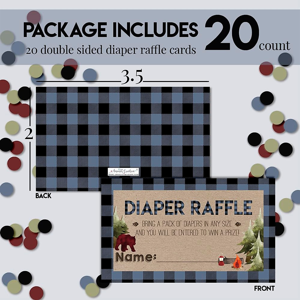 Amanda Creation Oh Boy! Outdoorsy Blue and Black Plaid Lumberjack Diaper Raffle Tickets for Boy Baby Showers, 20 2" X 3” Double Sided Inserts, Bring a Pack of Diapers to Win Favors &