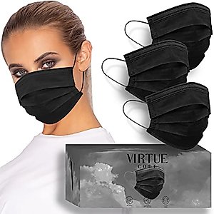 VIRTUE CODE Support Face Masks - Soft 3 Ply Comfort Face Masks, Colorful Disposable Face Mask 50 Pack. Black Colored Masks. Adults Mens and Womens Disposable Face Masks