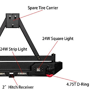 LUYWTE For 1997-2006 Wrangler TJ New Black Texture Steel Rear Bumper With Spare Tire Carrier&Lights&D-Rings