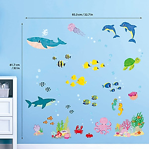 DECOWALL BA-2014s Under The Sea Turtle Wall Stickers Decals Ocean Fish for Bathroom Bedroom Nursery Living Room Home Decor Decoration Kids sea Animals Seaweed Peel and Stick Water boy Baby Shark