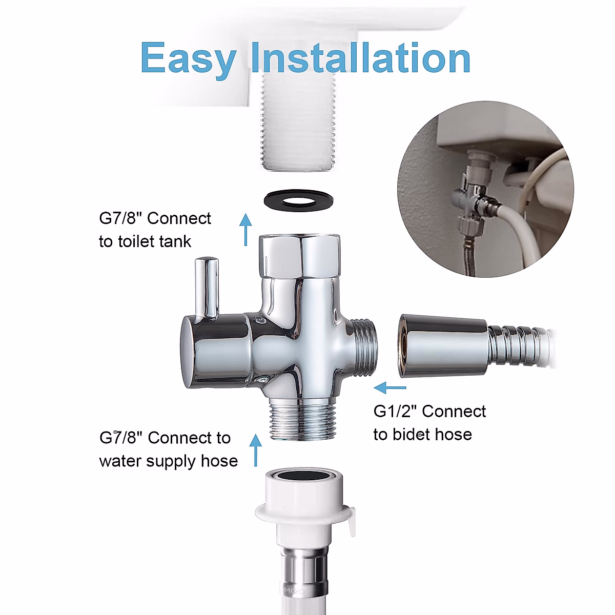 OFFO Shower Diverter Valve, T Adapter with Shut off Valve, 3 Way 7/8” or 15/16” x 7/8” or 15/16” x 1/2” All Metal T Valve Adapter Attachment for Sprayer Brass