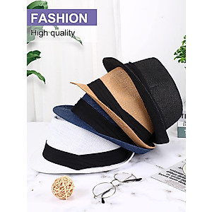 4 Pieces Straw Hats for Men Women Summer Panama Short Brim Hat with Black Band (Retro Style)