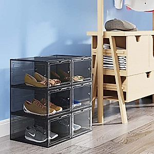 iBune 12 Pack Drop Front Shoe Storage Boxes, Clear Plastic Shoe Organizer for Closet, Easy Assembly, Stackable Foldable Shoe Containers for Display Sneakers Boots, Fit US Size up to 12, Black