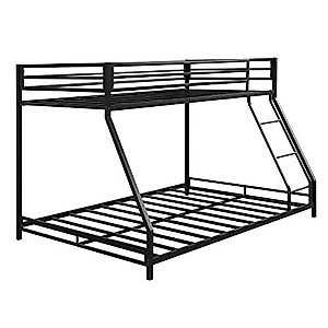 Low Bunk Beds Twin Over Full Size with Sloping Stair, Heavy Duty Bed Frame with Safety Guard Rails for Kids Teens Adults, No Box Spring Needed (Black)