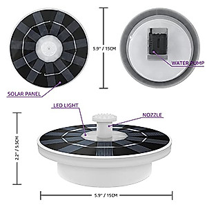 Solar Fountain Pump for Bird Bath Solar Water Fountains with Color LED Lights and Battery 6 Nozzles for Garden Birdbath Pond Pool Fish Tank Outdoor (1 Pack)