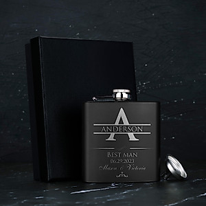 Groomsmen Gifts Set of 6, Personalized Groomsmen Flask Set w Optional Gift Box - Wedding Favor, Engraved 6oz Stainless Steel Flask, Custom Flask Gift Set, Black #2