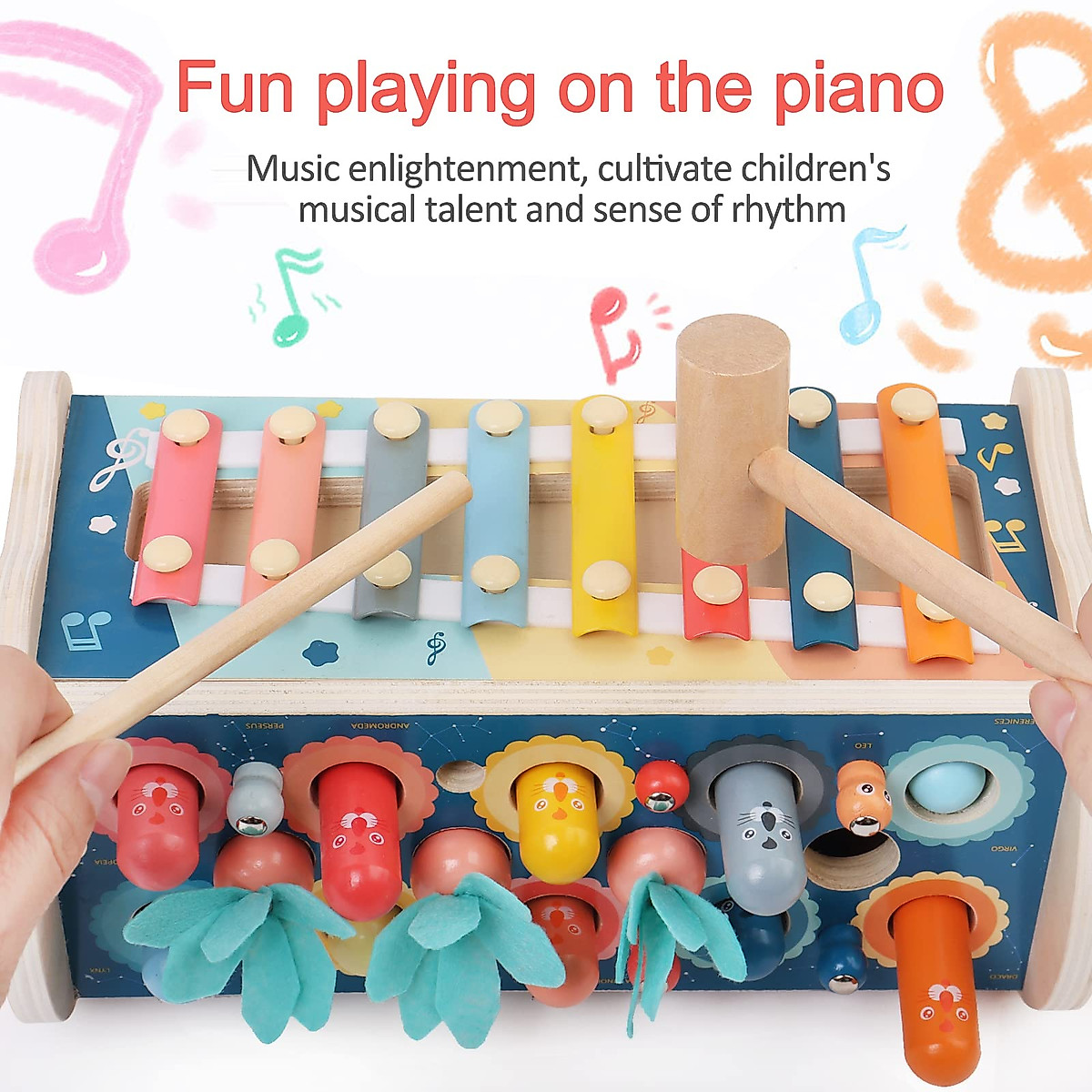 BESTAMTOY Wooden Educational Hammering Gopher Toy Worms Catching Radish Xylophone Pounding Bench Early Learning Lion Patterns Cute Colorful Skills Developing Games Hamster Play Set