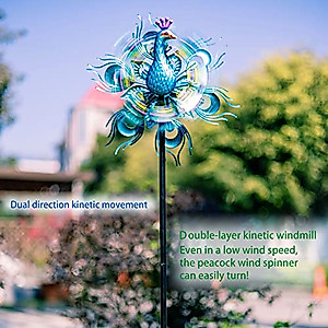 DREAMSOUL Peacock Wind Spinner 60" Double Wind Sculpture Spinner Outdoor Metal Stake Yard Spinners Garden Decorative Kinetic Wind Catcher Windmills for Patio Yard Lawn Garden Decor