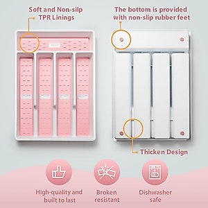 Joequality Silverware Organizer with Icons，Plastic Cutlery silverware Tray for Drawer，Utensil Flatware Tableware Organizer for Kitchen with Non-slip TPR,Fits Standard Drawer,5-Compartment,Pink