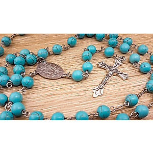 Nazareth Store Sky Blue Marble Stone Beads Rosary Turquoise Beaded Necklace Catholic Miraculous Medal & Jesus Cross