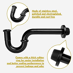 JEAPHA Stainless Steel P-Trap - 1 1/4 Inch Bathroom Basin Sink Waste Trap with Reducing Washer, Matte Black