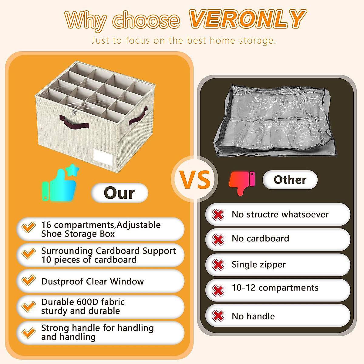 2 Pack Large Shoe Organizer for Closet, Adjustable Dividers Shoe Storage Bins Boxes, Foldable Shoe Holder Cube Containers with Clear Cover for Men’s shoes, High heel,Sneaker,Slippers,Boots(Beige).