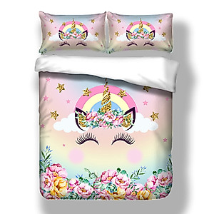 SEISYUKU Twin Duvet Cover Sets for Girls - Cute Bedding Set Twin Size 3 Pieces - Unicorn Duvet Cover and Pillowcases for Kids (Baby Pink, Not Duvet Inside)